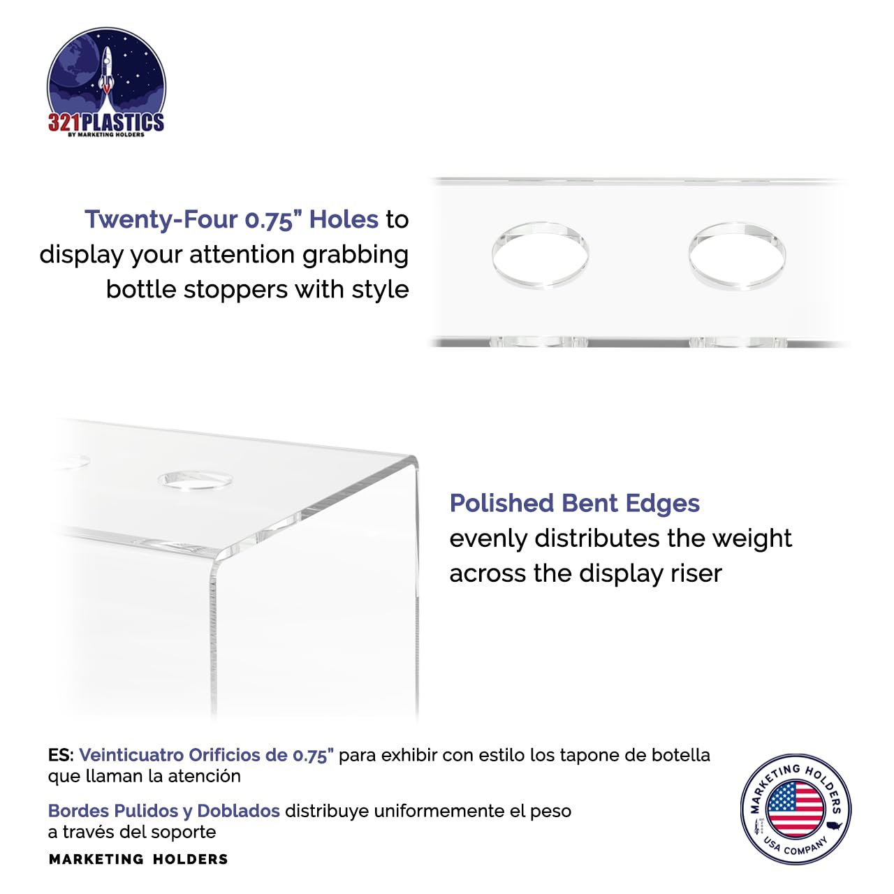 Marketing Holders Wine Bottle Topper Liquor Pourer Display Stand Multi Level 24 Slot Rack with .75 Inch Wide Holes Clear Acrylic Riser 11.5" Wide by 10" Deep Retail Countertop Showcase
