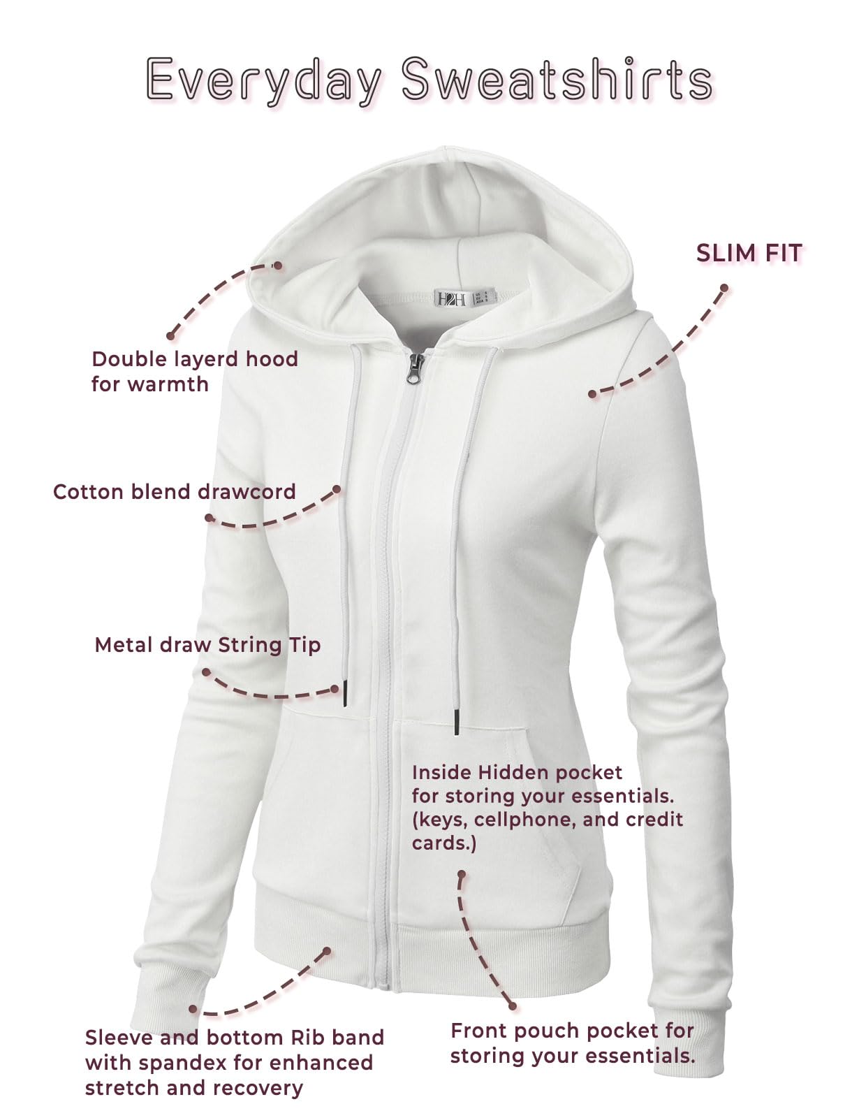 H2H Women's Slim Fit Basic Zip Up Hoodie Sweatshirt Lightweight Long Sleeve with Pocket CHARCOAL US M (CWOHOL030)
