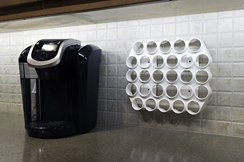 Storage Theory Peel and Stick Plastic Cafe Wall Caddy White - Kcups Holder Wall Mount with 28 Capacity Single Serve Coffee or Tea Pod Wall Display