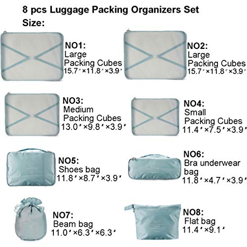 Travel Packing Cubes 8 Pcs Set, Luggage Packing Organizers with Shoe Bag and Toiletry Bag