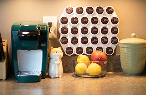 Storage Theory Peel and Stick Plastic Cafe Wall Caddy White - Kcups Holder Wall Mount with 28 Capacity Single Serve Coffee or Tea Pod Wall Display