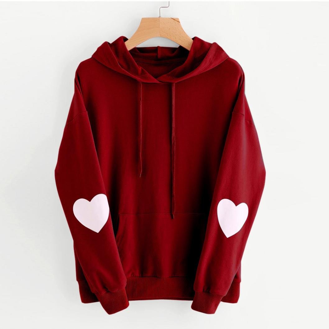 IEason,Womens Long Sleeve Heart Hoodie Sweatshirt Jumper Hooded Pullover Tops Blouse (S, Wine)