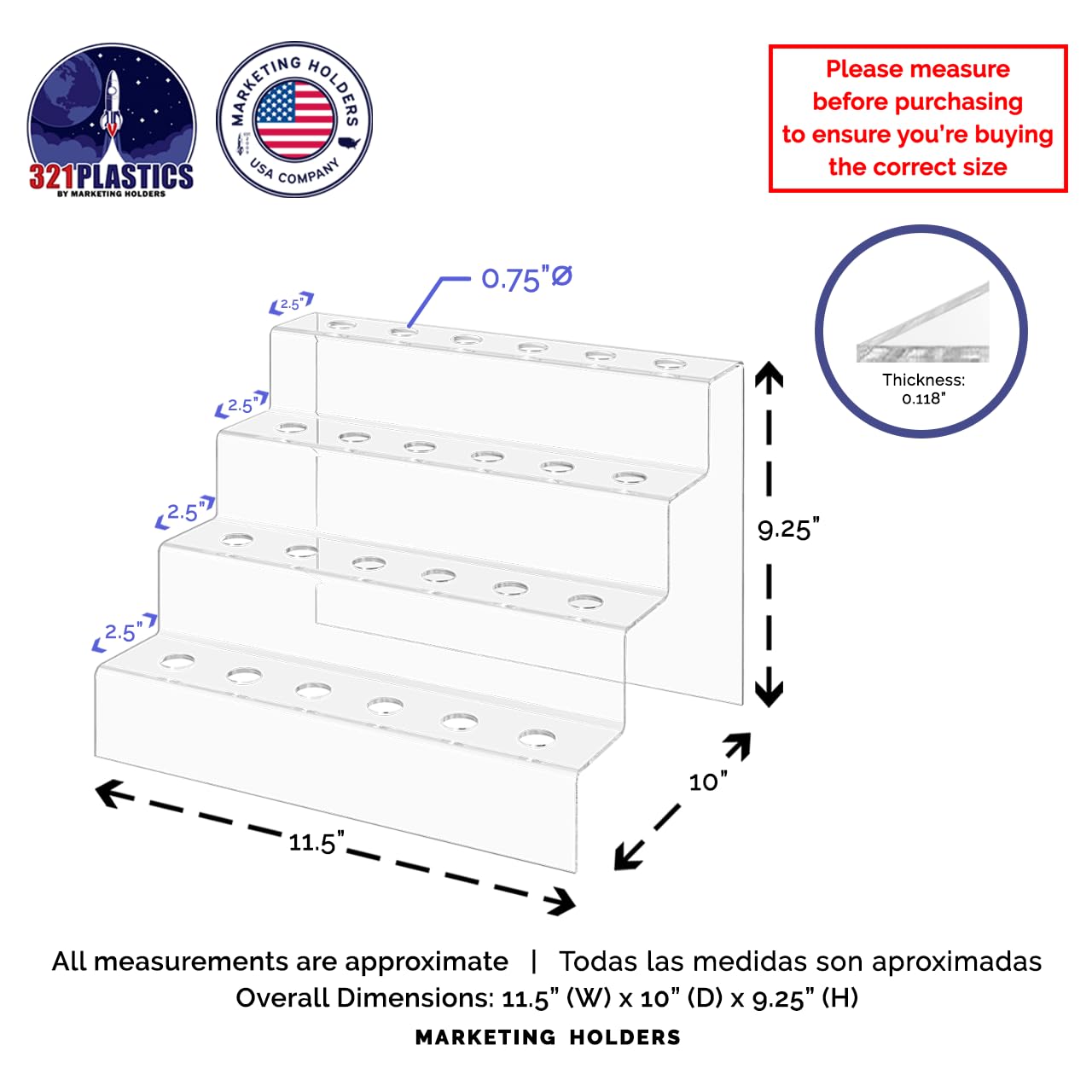 Marketing Holders Wine Bottle Topper Liquor Pourer Display Stand Multi Level 24 Slot Rack with .75 Inch Wide Holes Clear Acrylic Riser 11.5" Wide by 10" Deep Retail Countertop Showcase