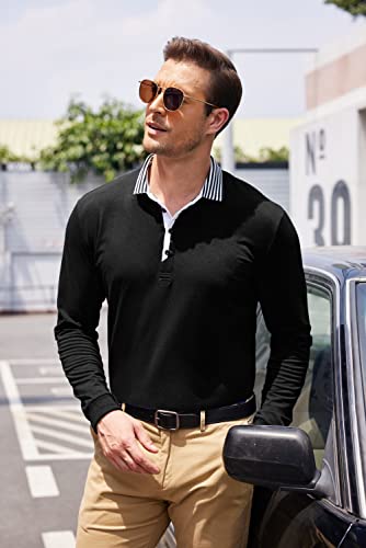 COOFANDY Men's Long Sleeve Polo Shirt Striped Collar Casual Slim Fit Cotton Polo T Shirts