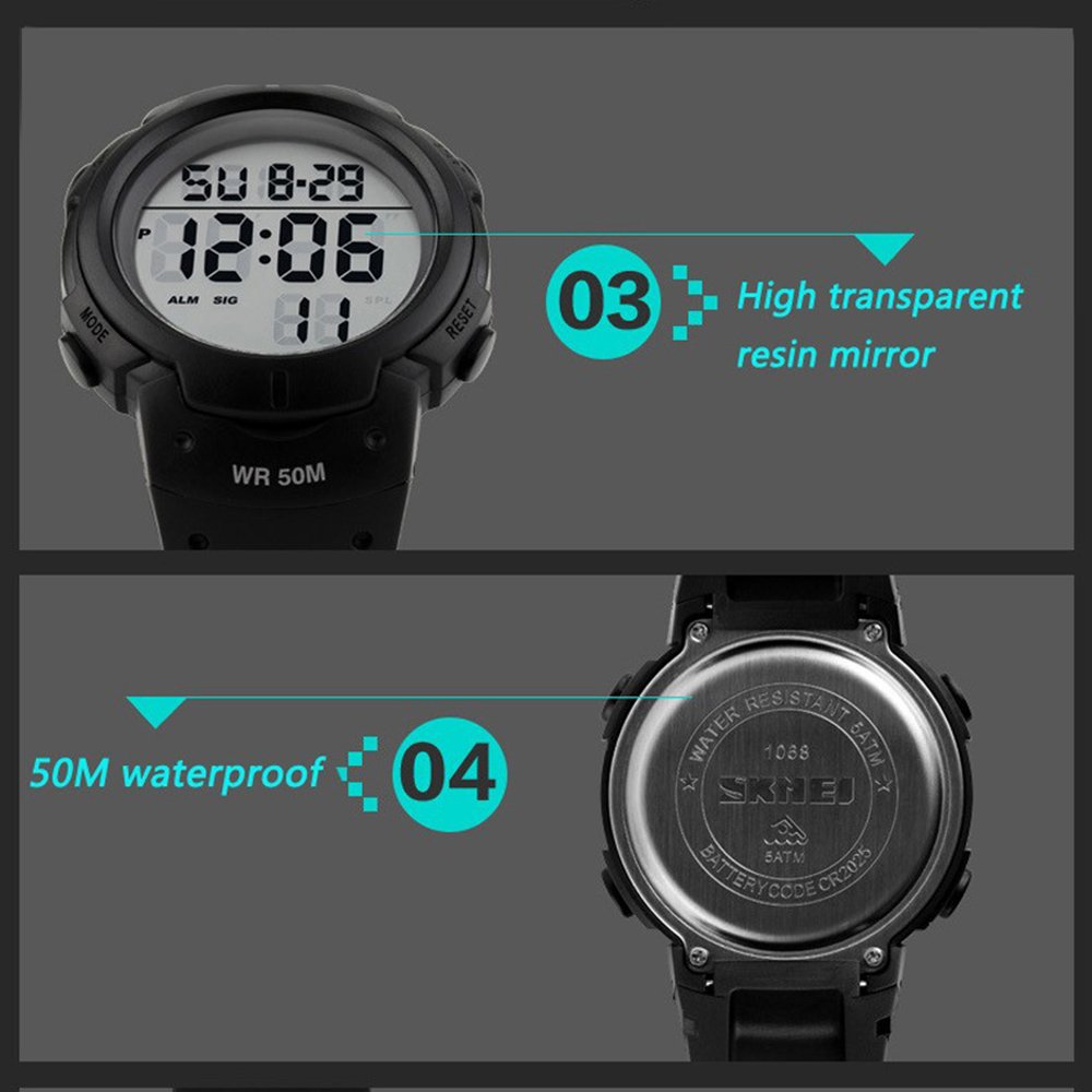 SKMEI Mens Digital Watches Waterproof LED Backlight Large Number Display Multifunction Sport Wristwatch