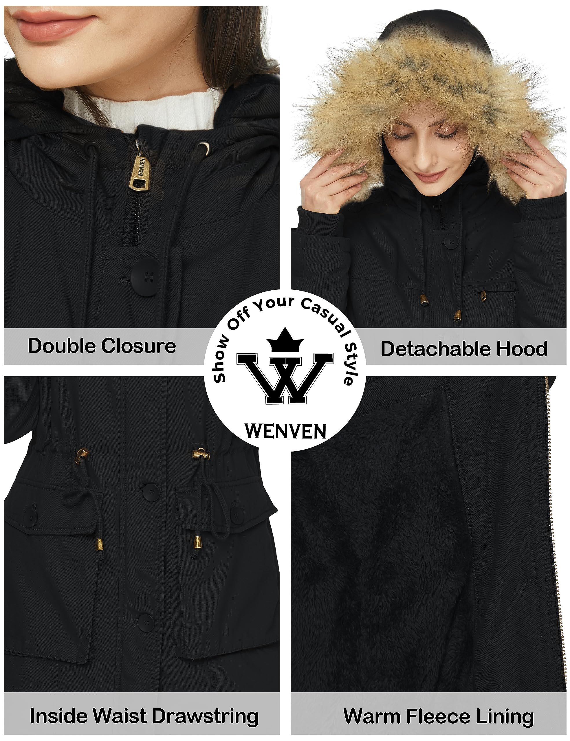 WenVen Women's Winter Padded Coat Canvas Hooded Military Jacket (Black, 2XL)