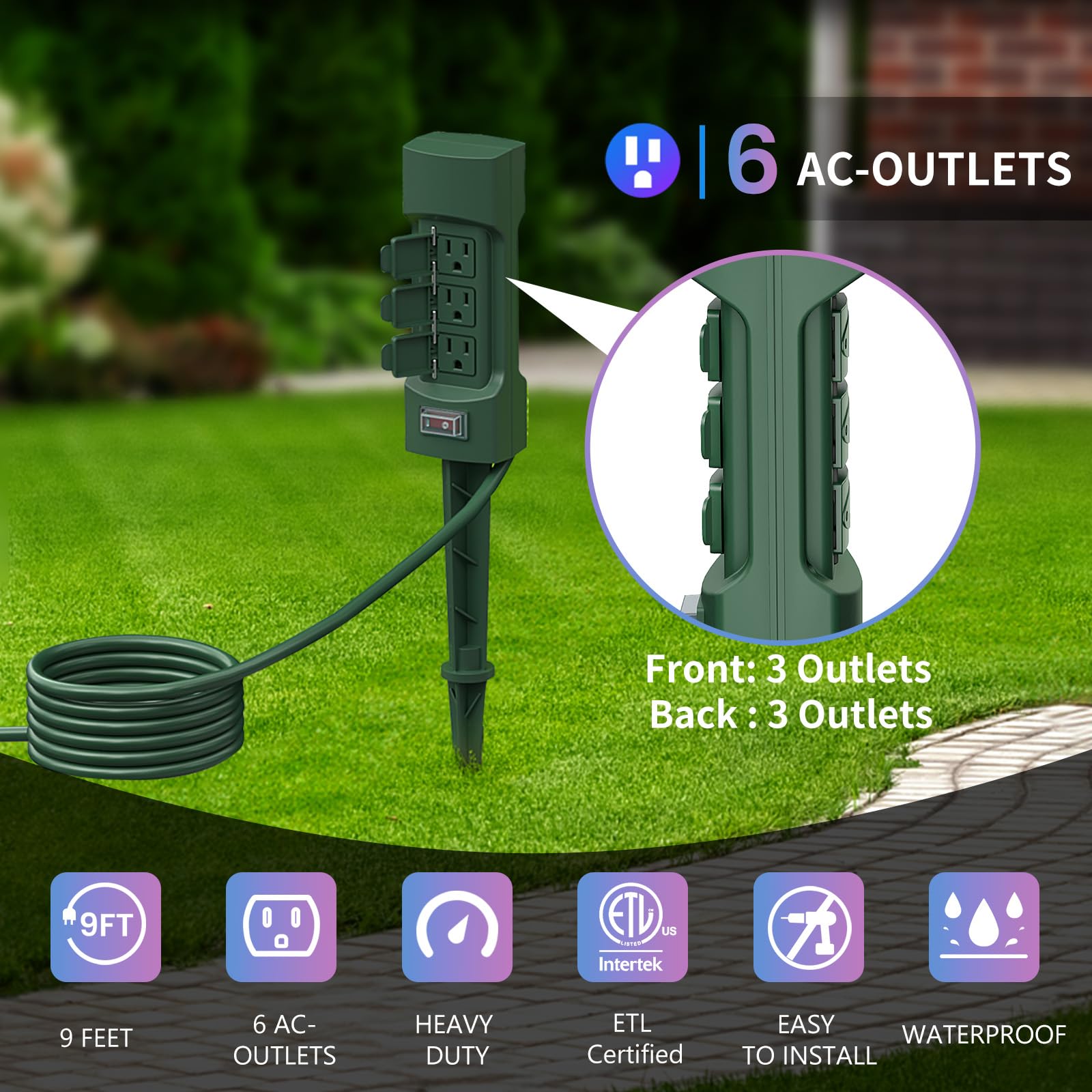 K KASONIC Outdoor Power Stake, Kasonic 6-Outlet 9 ft Extension Cord Power Strip, Double Sided with Weatherproof Safety Flip Covers, ETL Certified Multi-Outlets (Outdoor)