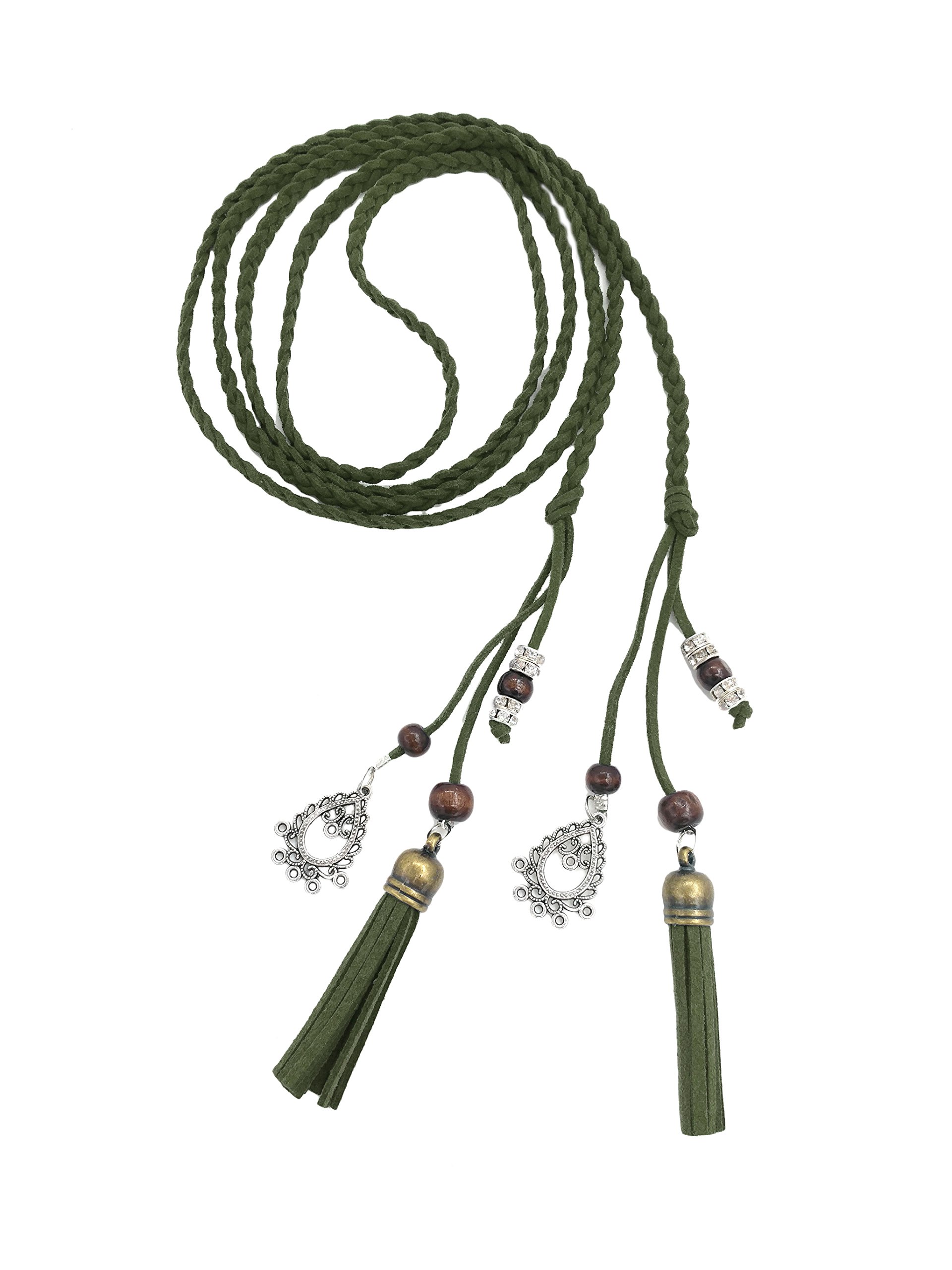 Ty Exotic Women Black Waist Belt/Rope/Chain Skinny Belt with Tassel and Beads for Ladies Skirt Dress in 8 Colors (army green)