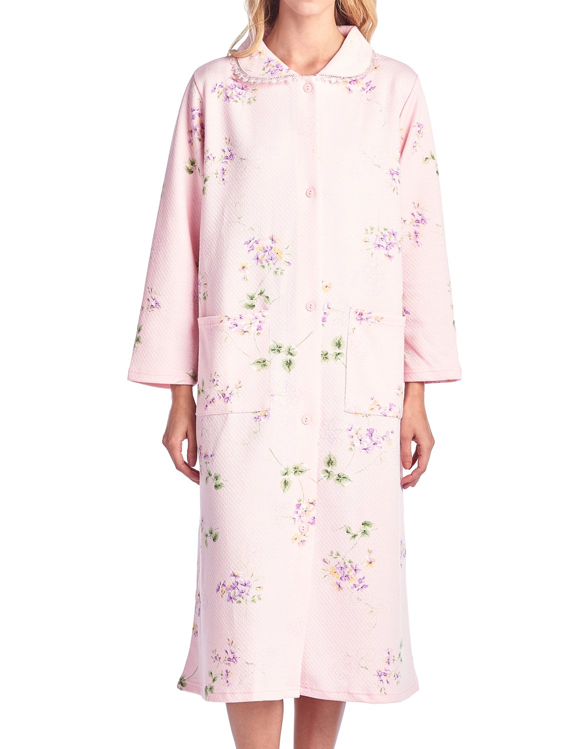 Casual Nights Women's Long Quilted Robe House Dress - Floral Pink - Medium