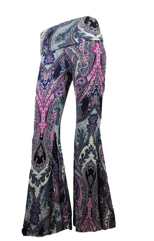 Sugar Rock Women Paisley Palazzo Hippie Pants Fold-Over Waist Bell Bottom Leg,Purple,X-Large