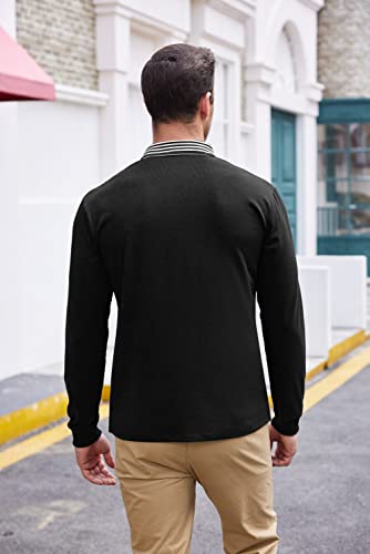 COOFANDY Men's Long Sleeve Polo Shirt Striped Collar Casual Slim Fit Cotton Polo T Shirts