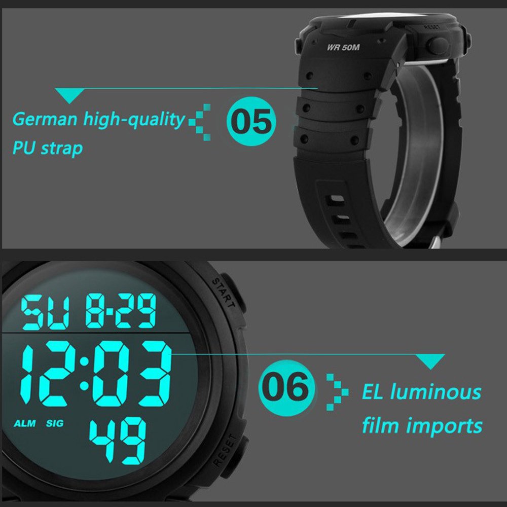 SKMEI Mens Digital Watches Waterproof LED Backlight Large Number Display Multifunction Sport Wristwatch