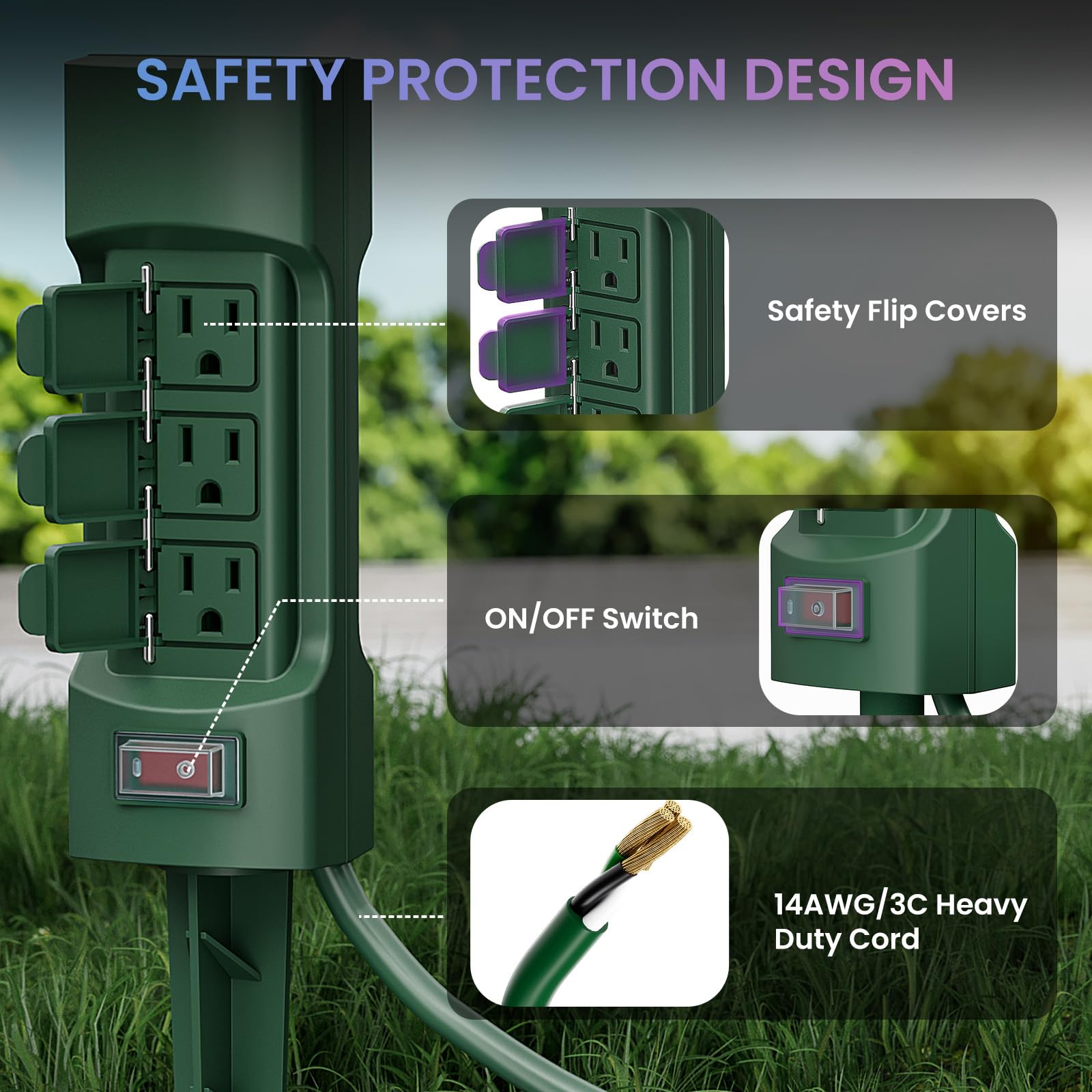 K KASONIC Outdoor Power Stake, Kasonic 6-Outlet 9 ft Extension Cord Power Strip, Double Sided with Weatherproof Safety Flip Covers, ETL Certified Multi-Outlets (Outdoor)