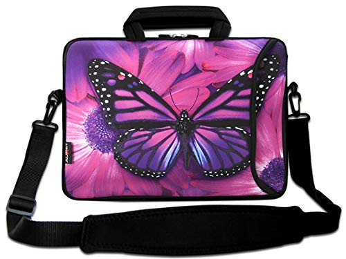 AUPET 16 16.5 17-17.3-Inch Water Resistant Neoprene Sleeve Notebook Neoprene Messenger Case Tote Bag with Outside Handle and Adjustable Shoulder Strap & Extra Pocket(Purple Butterfly)