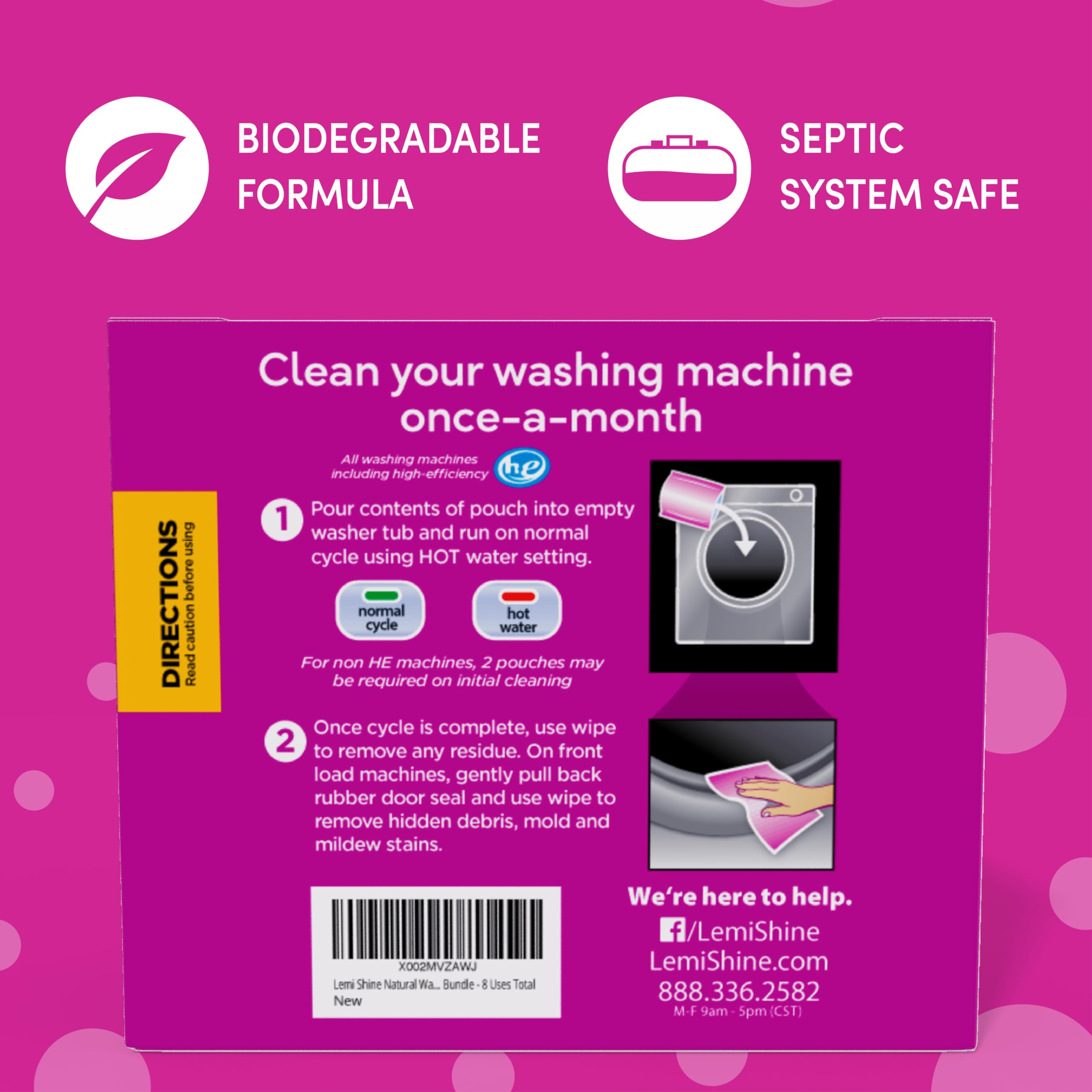 Lemi Shine Washing Machine Cleaner | Powered By Citric Acid | 100% Guaranteed Hard Water Cleaner | Compatible with Front & Top Load Washing Machines, 8 Count