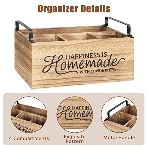 Wood Utensil Holder, Flatware Utensil Caddy with 2 Handles and 4 Compartments,Rustic Utensil Organizer and Silverware Holder for Picnic,Party ,Restaurant,Countertop,Farmhouse Kitchen Decor