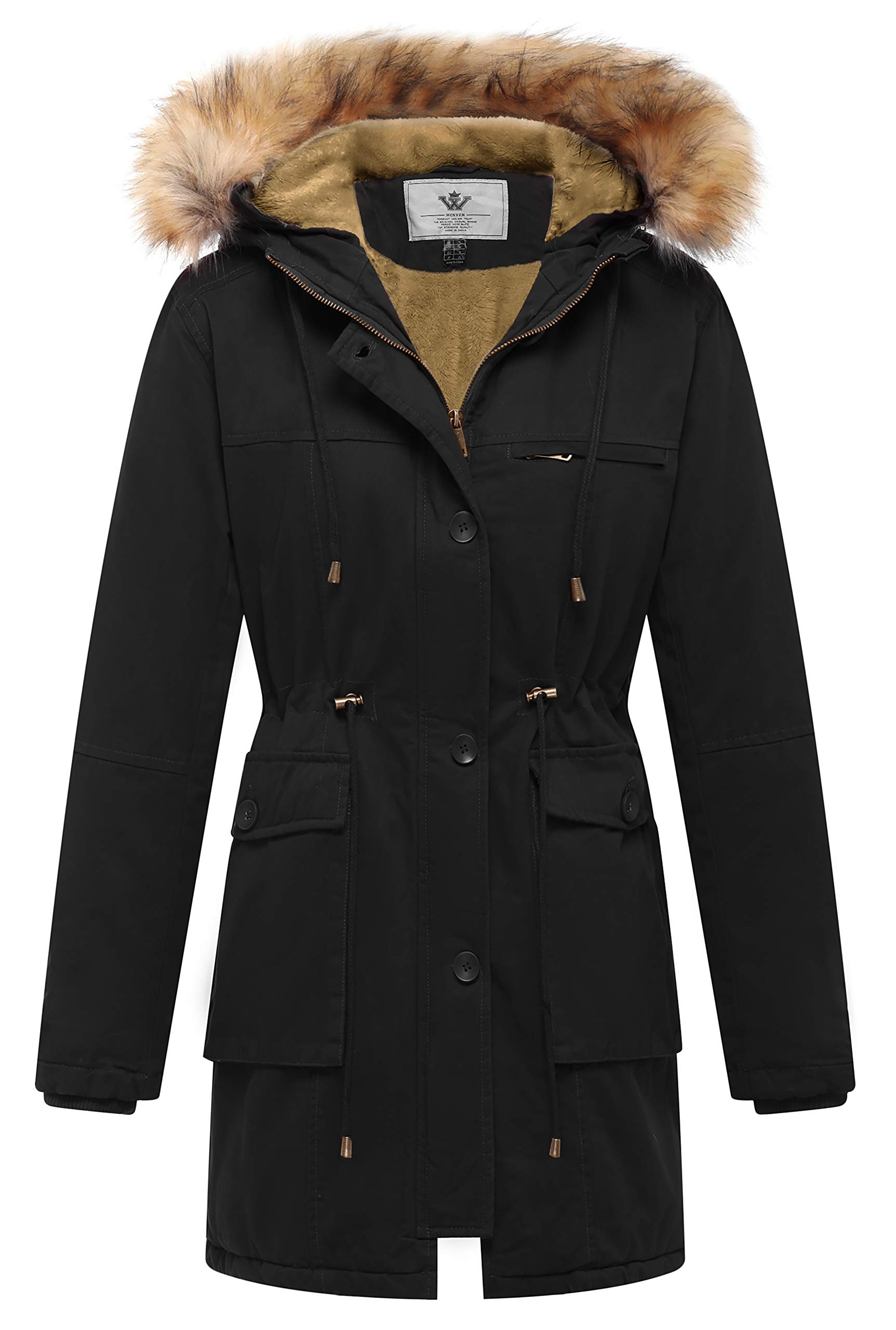 WenVen Women's Winter Padded Coat Canvas Hooded Military Jacket (Black, 2XL)