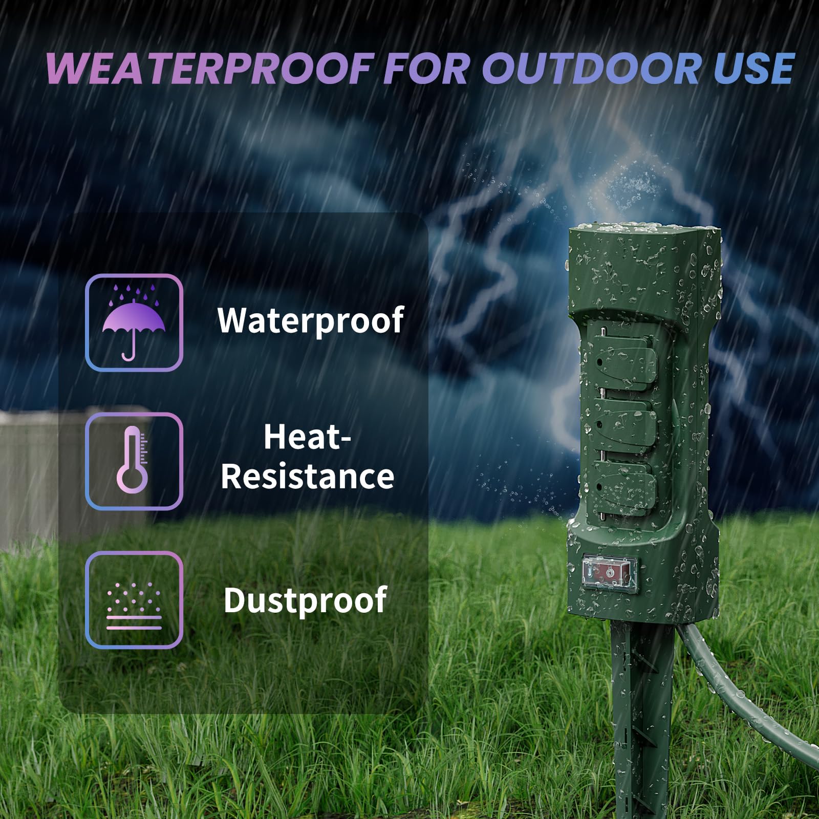 K KASONIC Outdoor Power Stake, Kasonic 6-Outlet 9 ft Extension Cord Power Strip, Double Sided with Weatherproof Safety Flip Covers, ETL Certified Multi-Outlets (Outdoor)