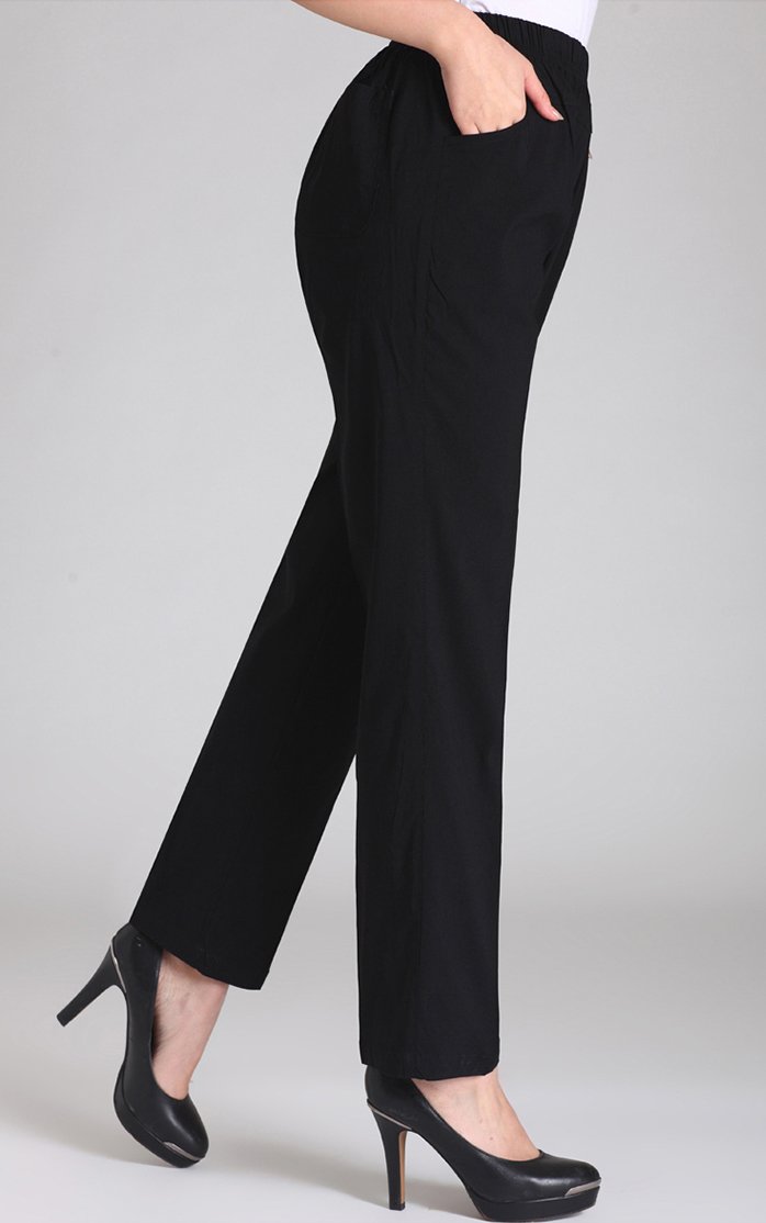 Soojun Womens Summer Elastic Waist Comfy Stretch Pull On Pants, Black, Small