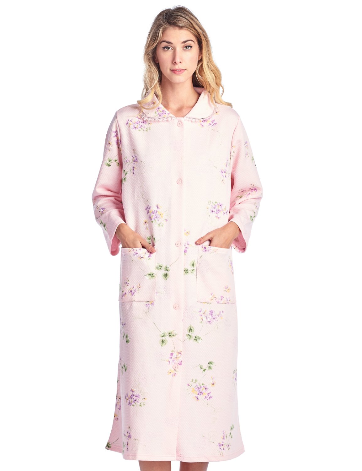 Casual Nights Women's Long Quilted Robe House Dress - Floral Pink - Medium