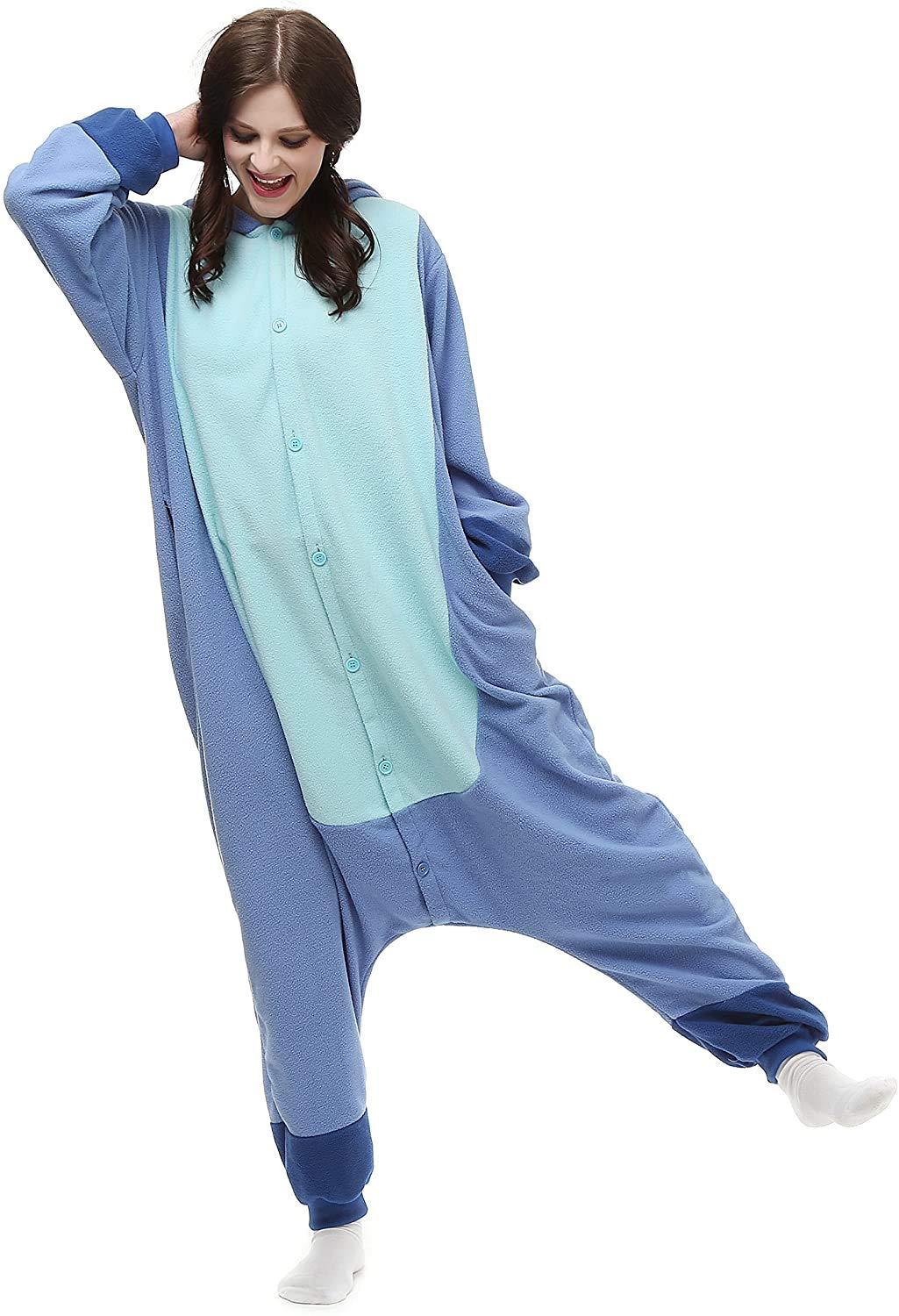 EONDEAR Adults Onesie Halloween Costumes Animals Sleeping Kigurumi Pajamas, Blue Stitch, Medium