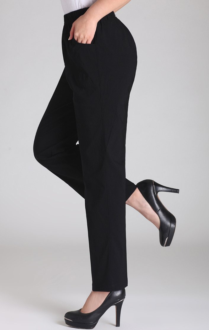 Soojun Womens Summer Elastic Waist Comfy Stretch Pull On Pants, Black, Small