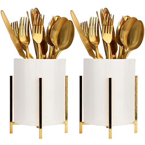 SIEBOLD 2pcs Sturdy Cutlery Holder White Ceramic With Metal Bracket Robust Silverware Caddy For Countertop - Spoon Holder Silverware Caddy(5.9 - 3.9inch) Gold