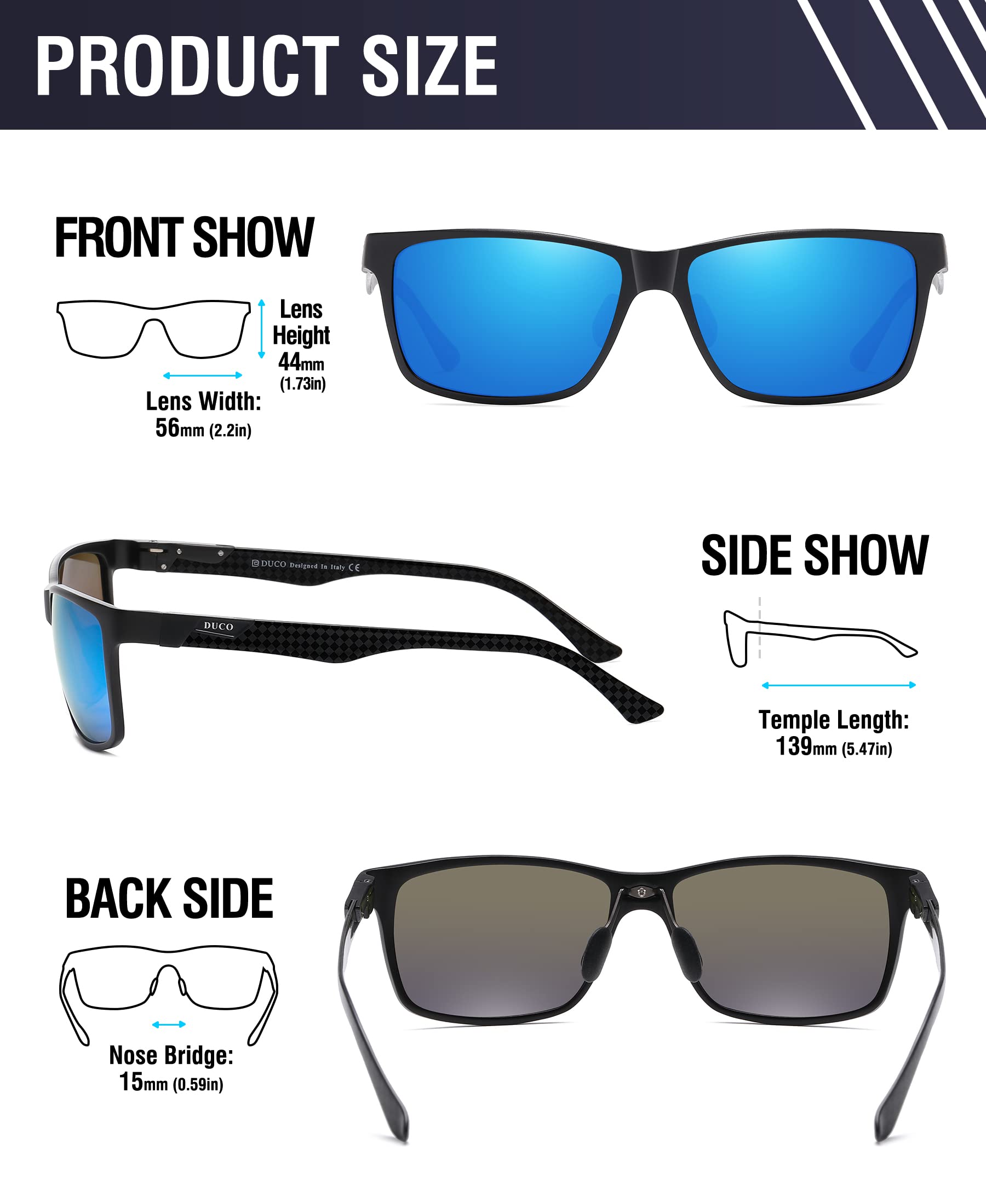 DUCO Mens Sunglasses Polarized Rectangle Sunglass for Men Lightweight Carbon Fiber UV400 Protection 8206