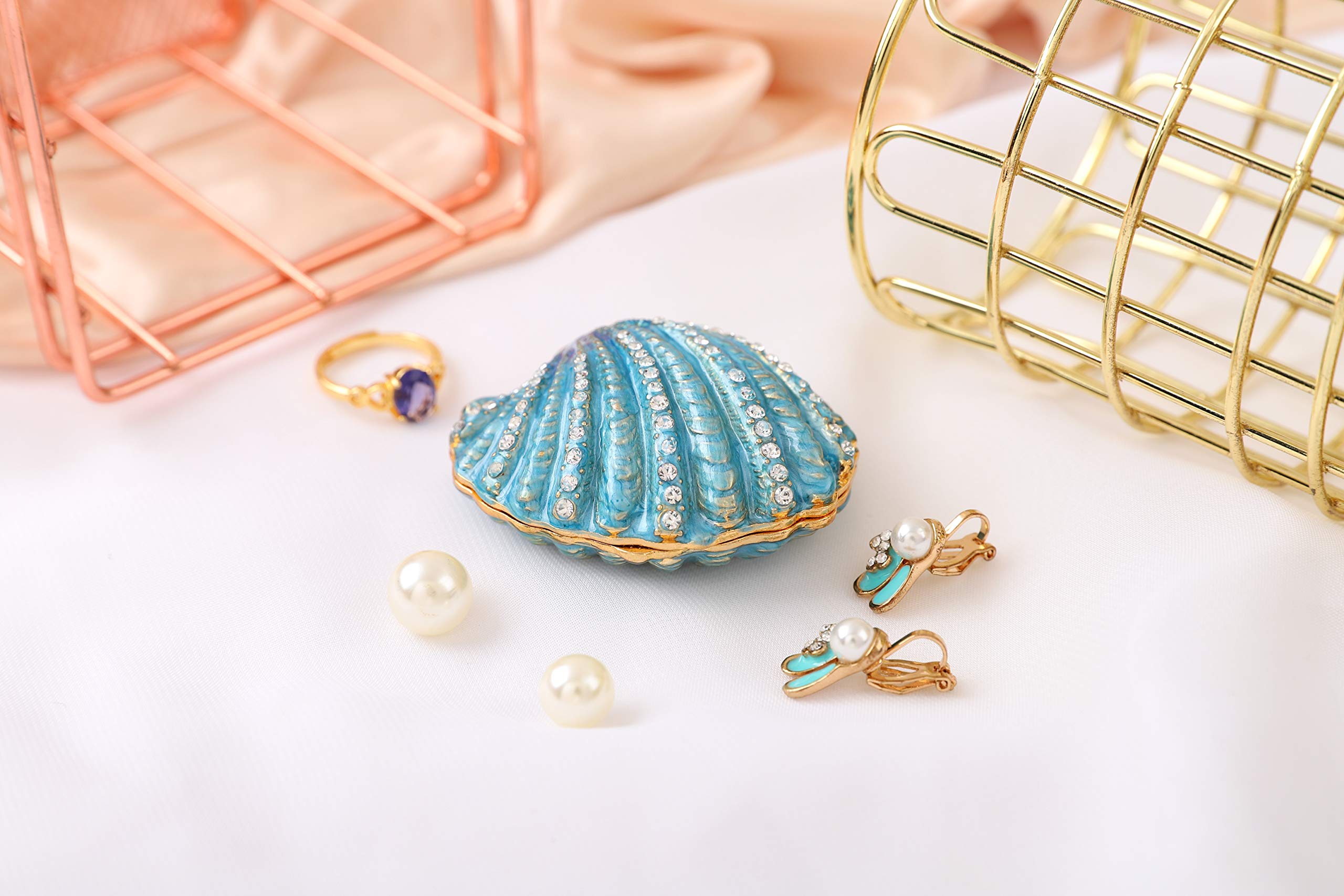 QIFU Hand Painted Enameled Shell Style Decorative Hinged Jewelry Trinket Box Unique Gift for Home Decor