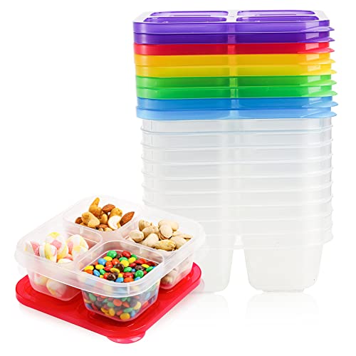 AVLA 10 Pack Bento Snack Boxes, Reusable Meal Prep Containers, 4-Compartment To Go Bento Lunch Boxes for Kids, Stackable Divided Food Storage Containers for School, Work and Travel