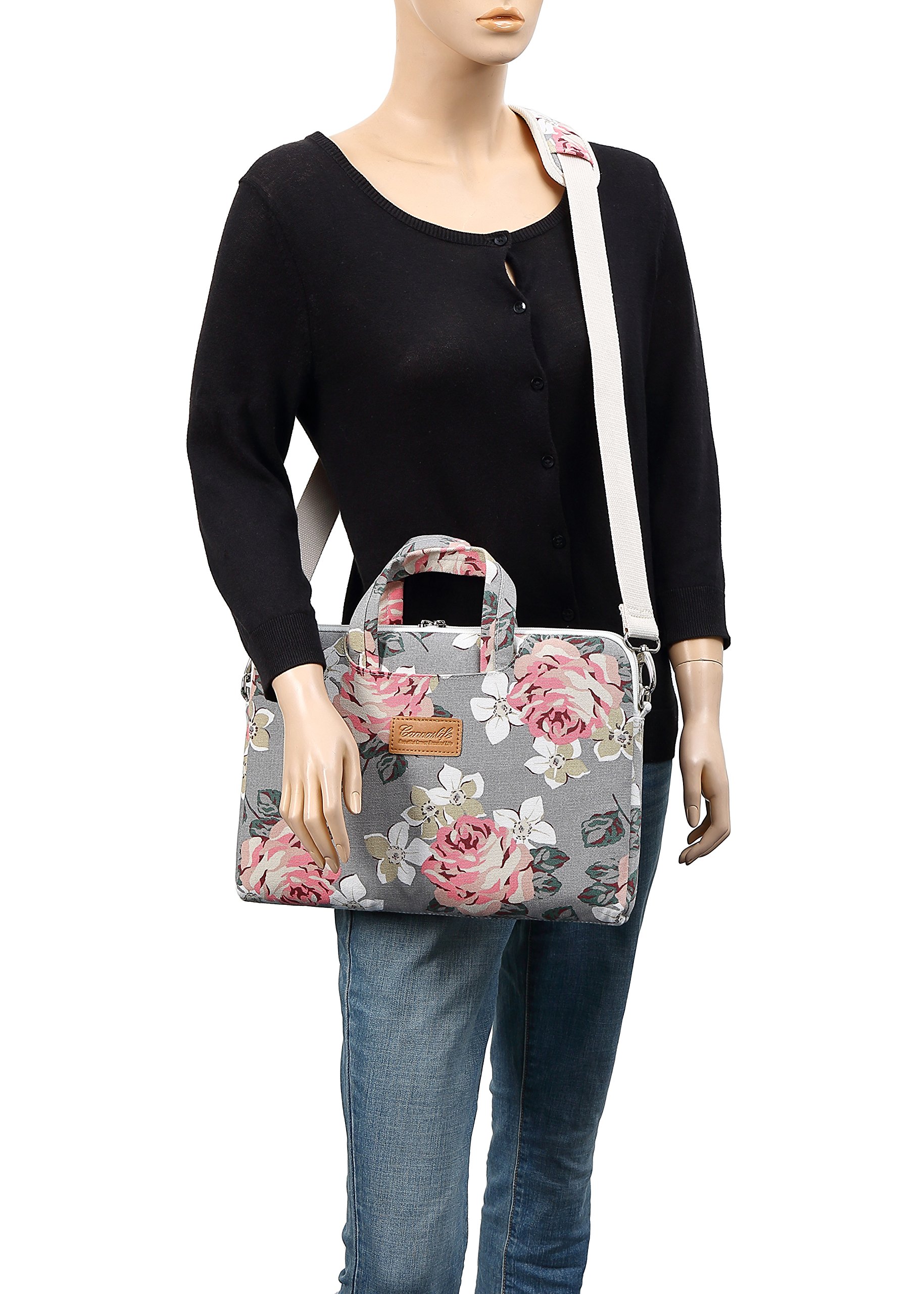 canvaslife Grey Rose Pattern 15 inch Waterproof Laptop Shoulder Messenger Bag for 14 inch to15.6 inch Laptop and MacBook Pro 15 Laptop Case