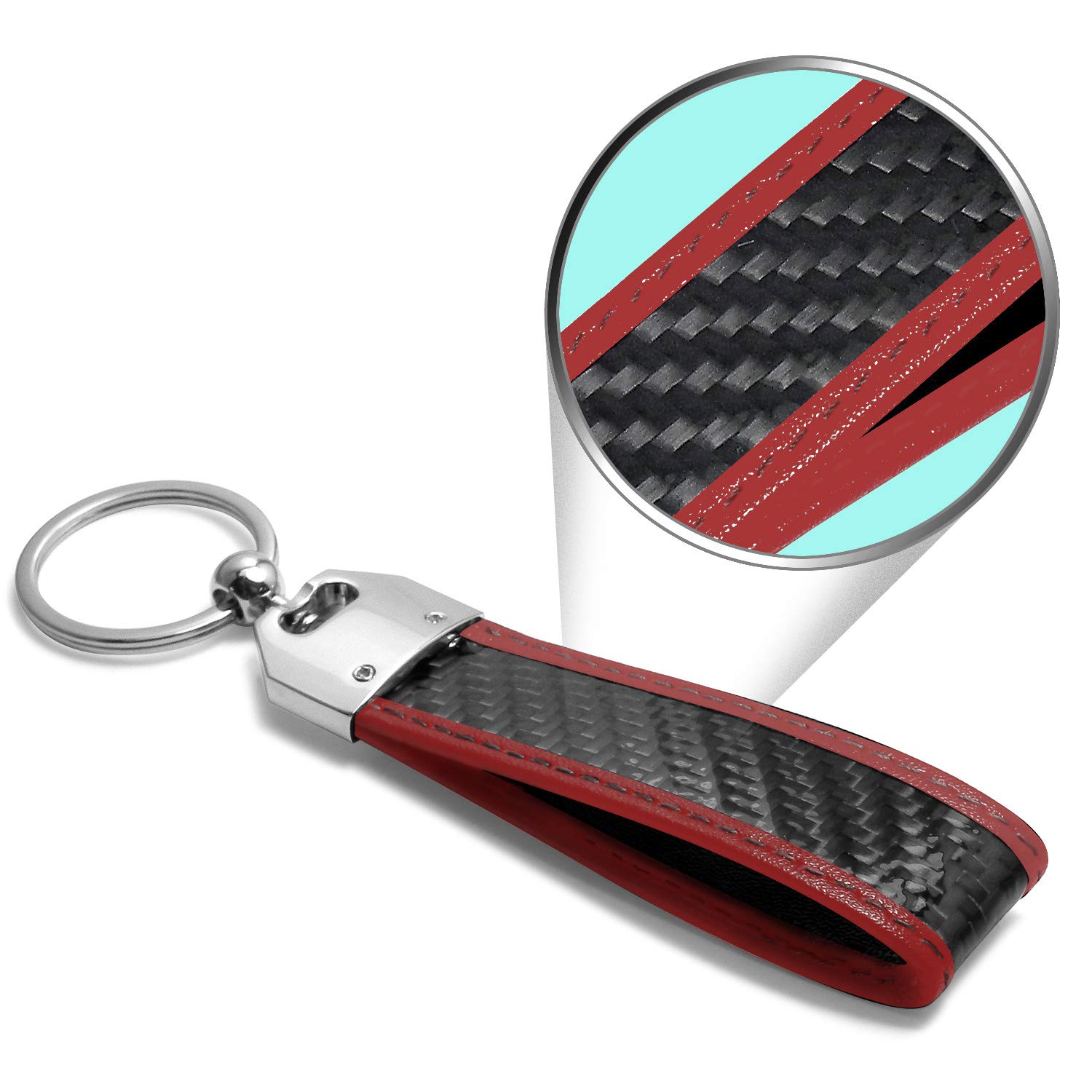 iPick Image Made for Honda Civic Type R Real Carbon Fiber Strap with Red Leather Stitching Edge Key Chain