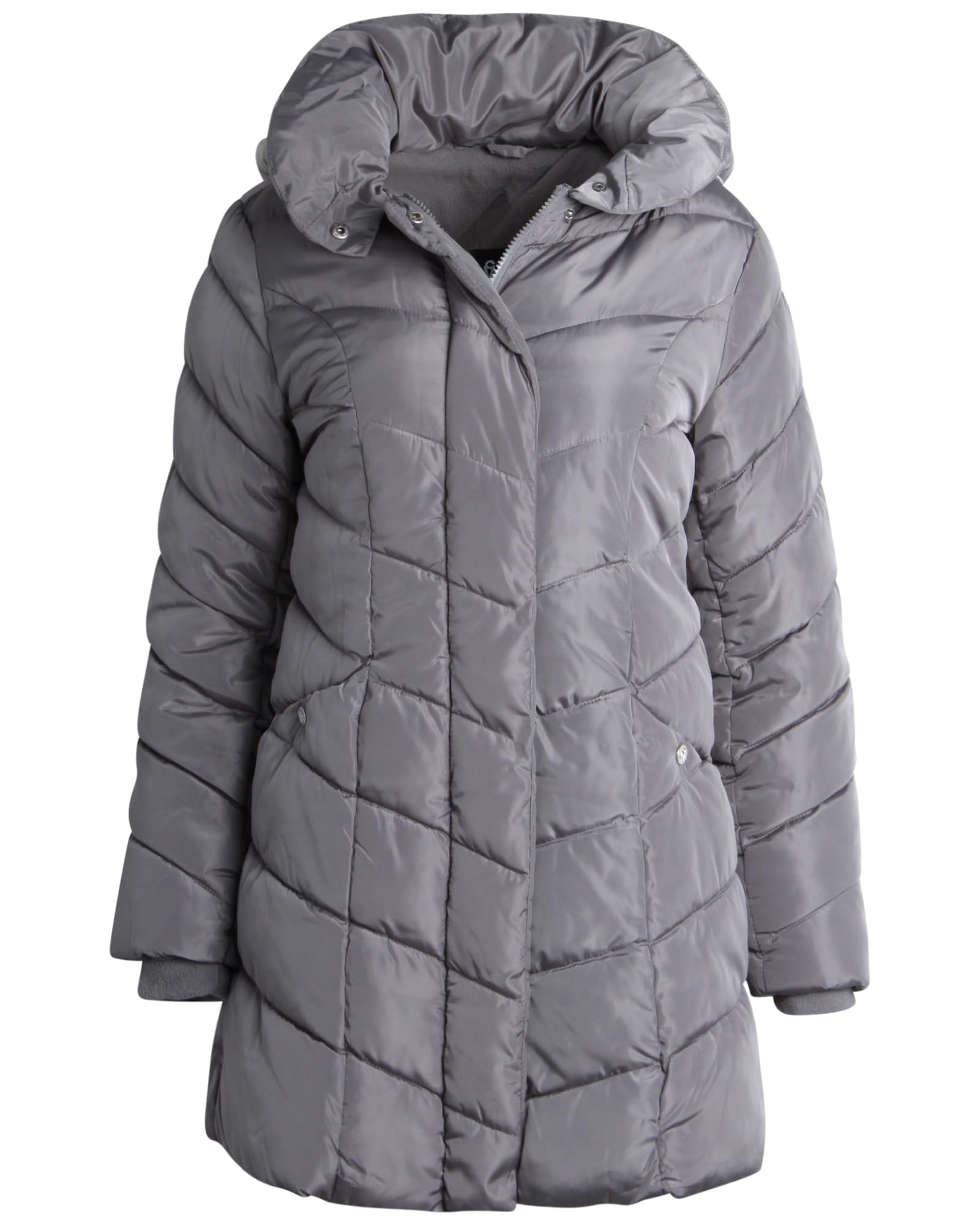 Steve Madden Women's Long Chervron Quilted Outerwear Jacket, Titanium, Large