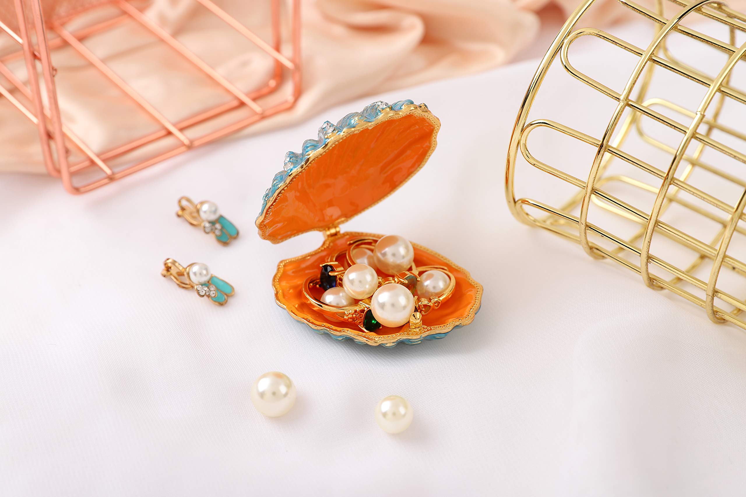 QIFU Hand Painted Enameled Shell Style Decorative Hinged Jewelry Trinket Box Unique Gift for Home Decor