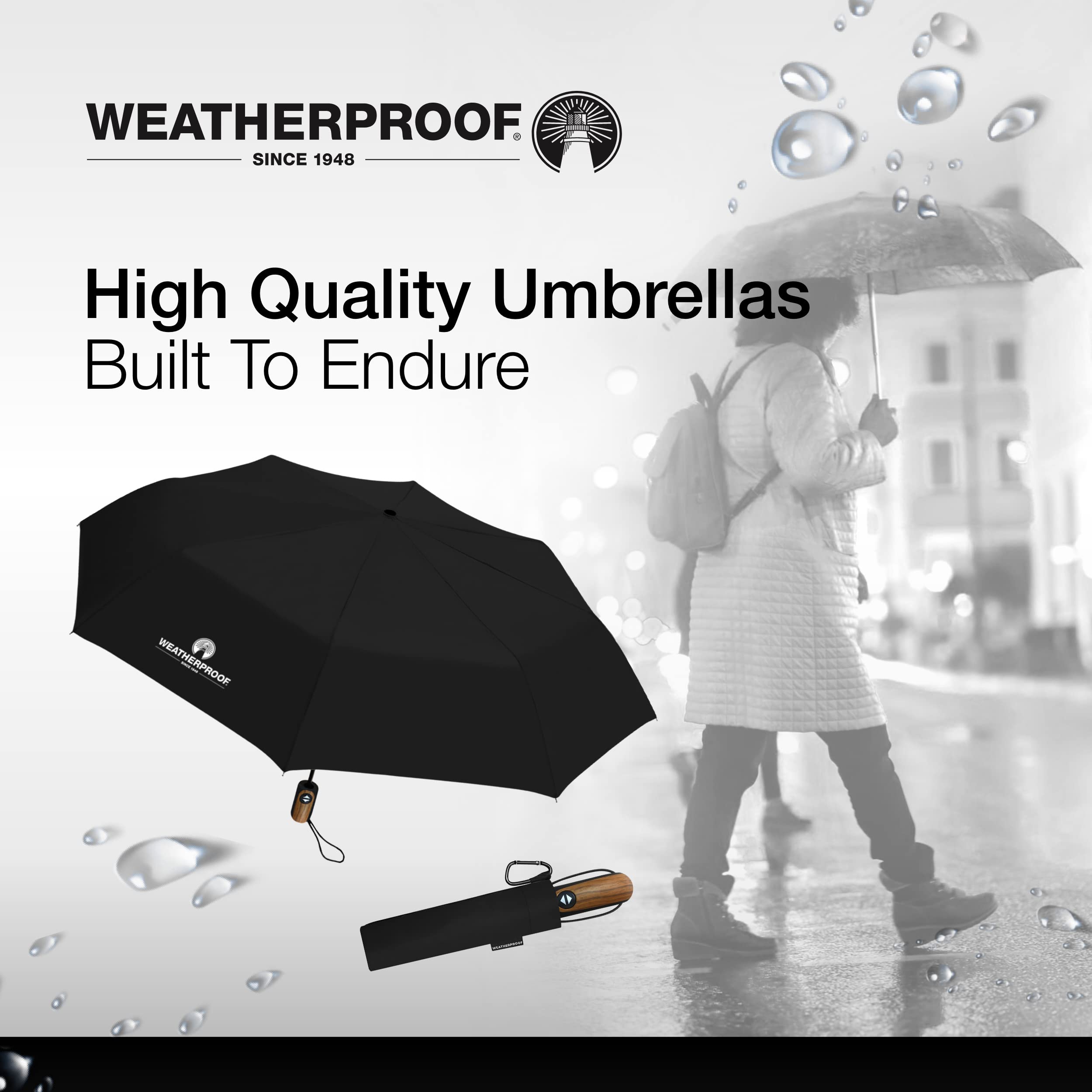 Weatherproof Deluxe Automatic Rain Umbrella, Compact, Lightweight, and Wind Resistant Folding Umbrella for Travel, Full 54 Inch Arc, Black