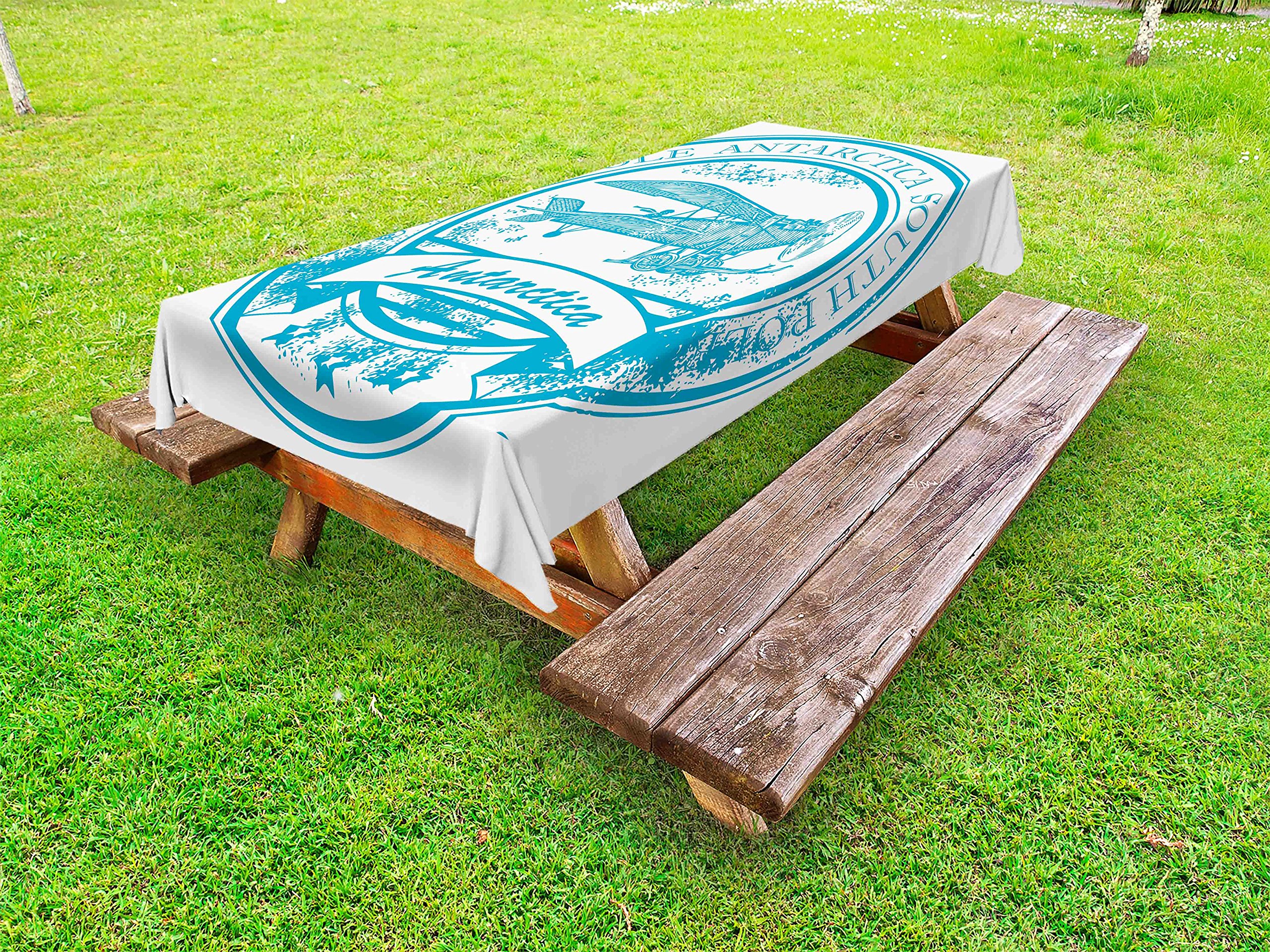 Ambesonne Vintage Airplane Outdoor Tablecloth, South Pole Antarctica Words on Retro Style Blue Stamp Grunge Airplane, Decorative Washable Picnic Table Cloth, 58" X 104", Sky Blue White