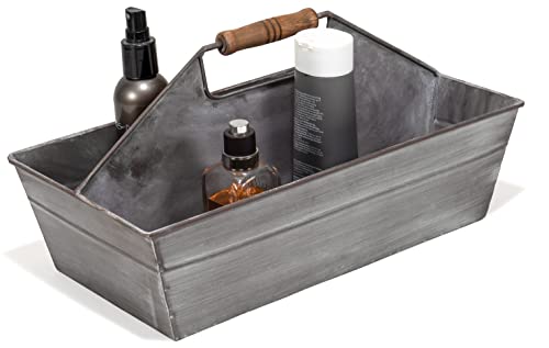Red Co. 15” x 7.5” Galvanized Metal Storage Carry-All Tote Caddy Tray with Wooden Handle, Large