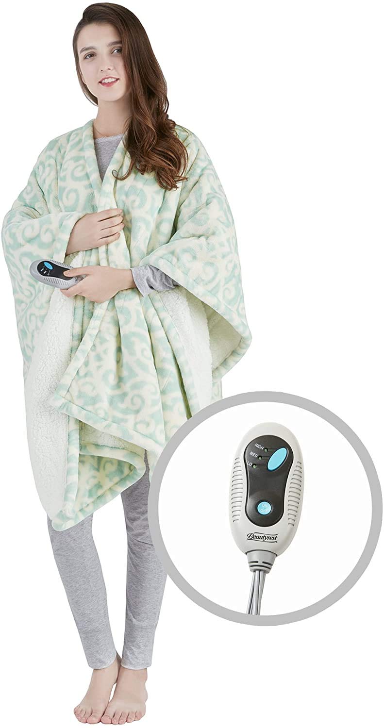 Beautyrest Ultra Soft Sherpa Berber Fleece Electric Poncho Wrap Blanket Heated Throw with Auto Shutoff, 50 in x 64 in, Dusty Blue Lattice
