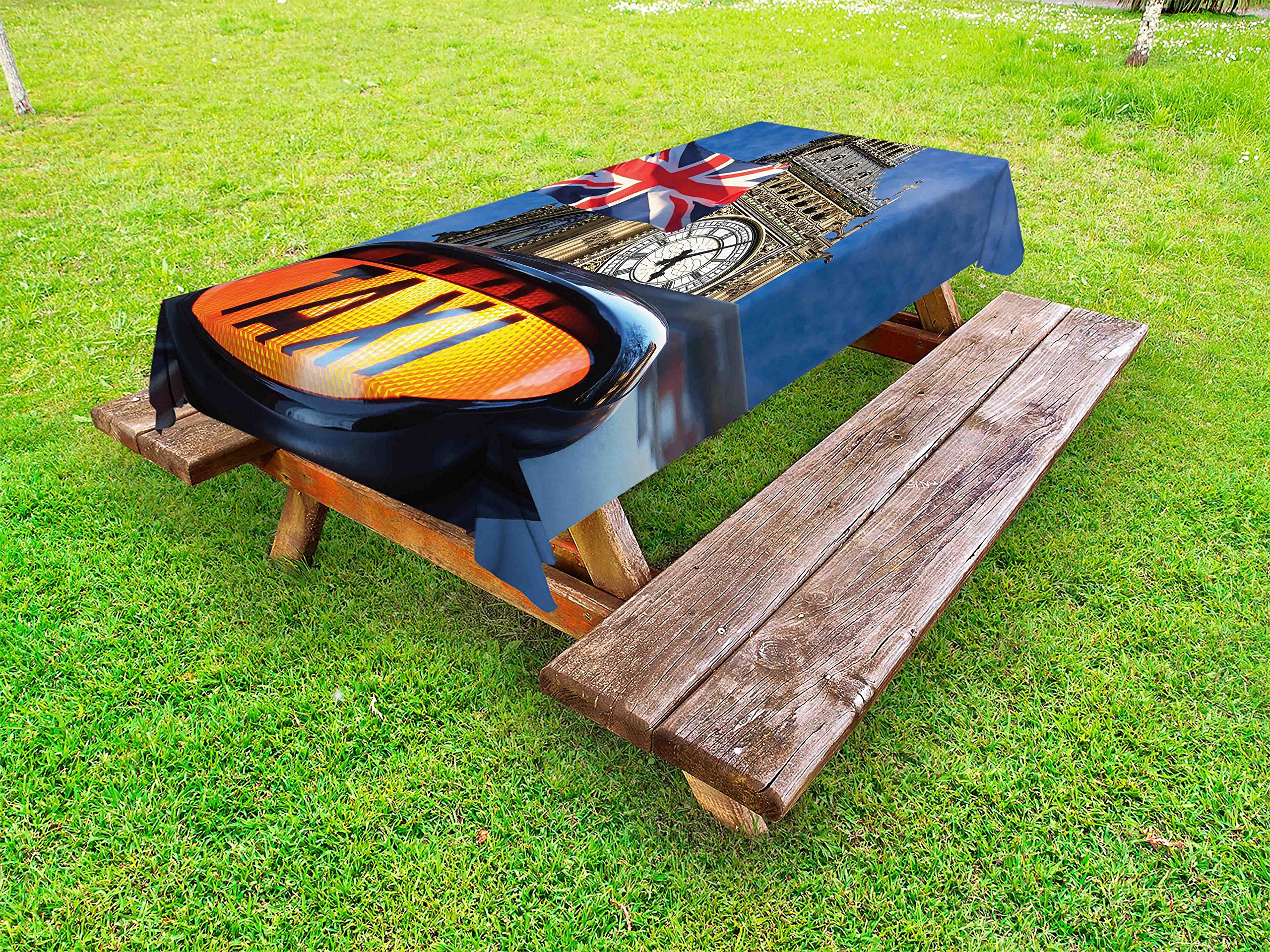 Ambesonne Union Jack Outdoor Tablecloth, Union Jack Flagon Pole and Big Ben Taxi Cab Urban Modern Countrys Image, Decorative Washable Picnic Table Cloth, 58" X 84", Multicolor