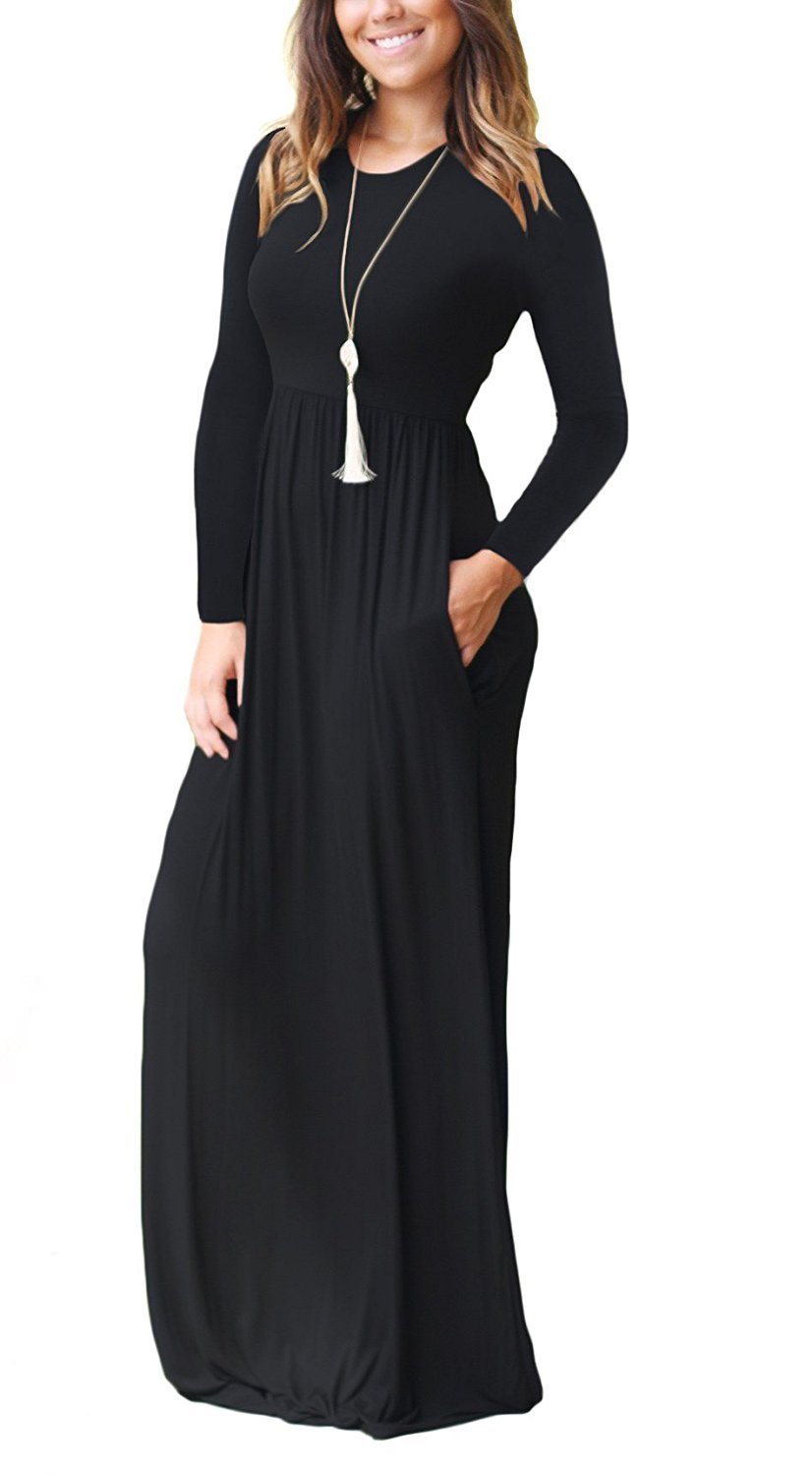 AUSELILY Women's Long Sleeve Dress Loose Plain Long Casual Maxi Dresses with Pockets 2025 New Black L