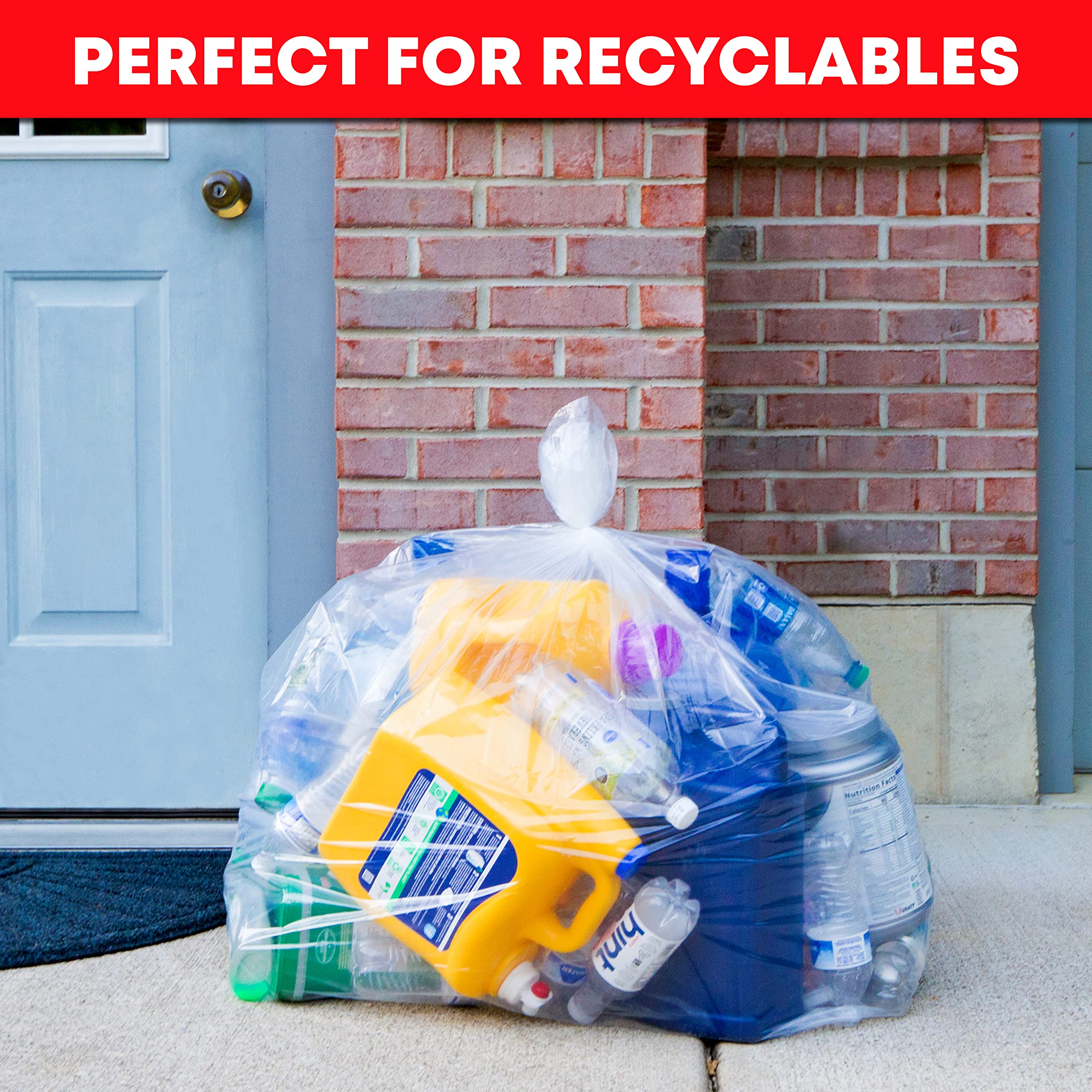 55 Gallon Clear Trash Bags, (50 Bags w/Ties) Large Clear Plastic Recycling Garbage Bags