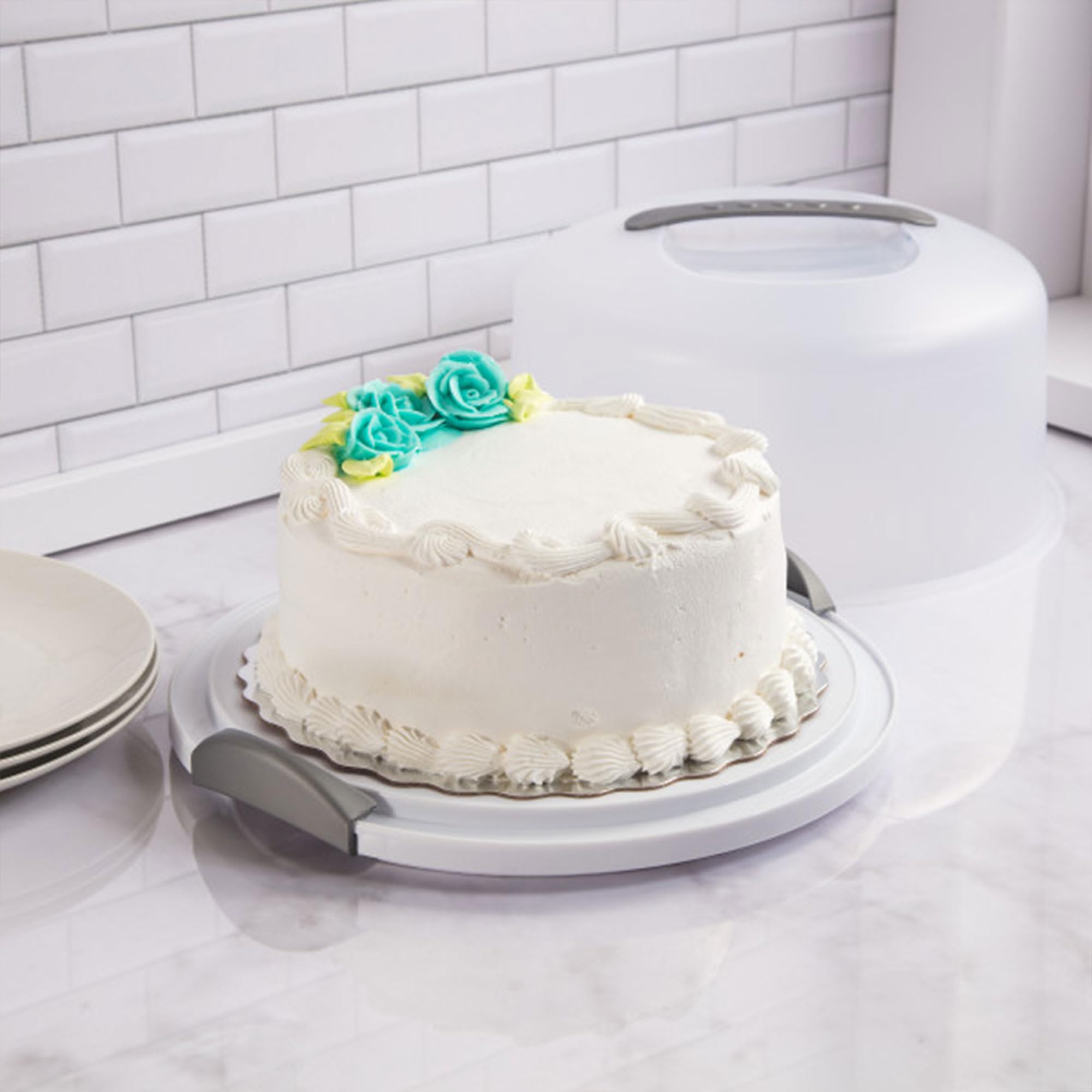 Sterilite Cake Server Plastic Food Storage Container with Lid, Latches and Handle, Dessert Carrier, Dishwasher Safe, Clear Lid and White Base, 12-Pack