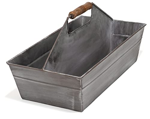 Red Co. 15” x 7.5” Galvanized Metal Storage Carry-All Tote Caddy Tray with Wooden Handle, Large