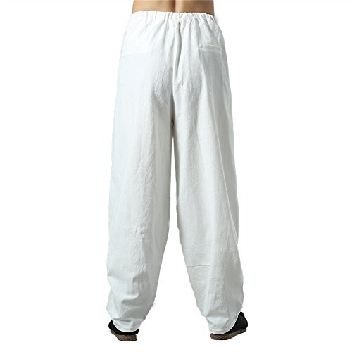 LZJN Men's Linen Drawstring Pant with Elastic Waistband (White, XL)