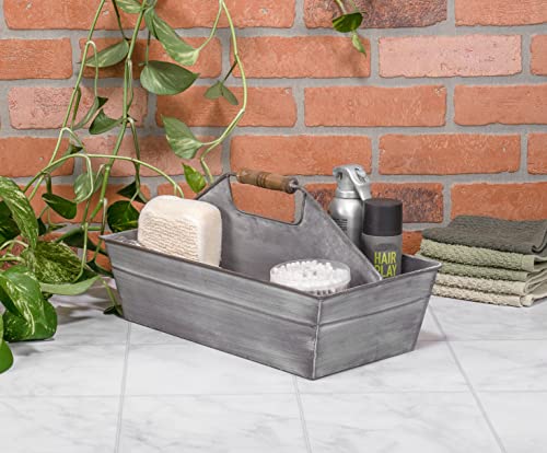 Red Co. 15” x 7.5” Galvanized Metal Storage Carry-All Tote Caddy Tray with Wooden Handle, Large