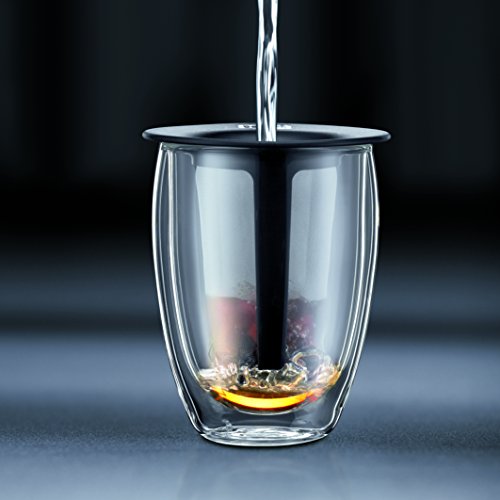 Bodum One Tea Strainer with Pavina Double Wall Glass Set, 12 Oz, Black