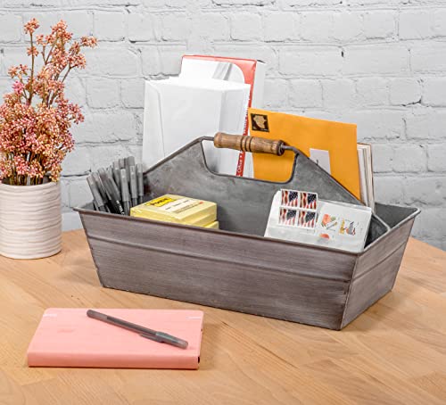 Red Co. 15” x 7.5” Galvanized Metal Storage Carry-All Tote Caddy Tray with Wooden Handle, Large