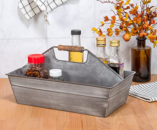 Red Co. 15” x 7.5” Galvanized Metal Storage Carry-All Tote Caddy Tray with Wooden Handle, Large