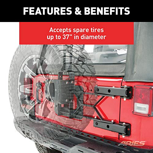 ARIES 2563000 Jeep Wrangler JK Heavy-Duty Adjustable Rear Door Spare Tire Carrier for Up to 37-Inch Wheels