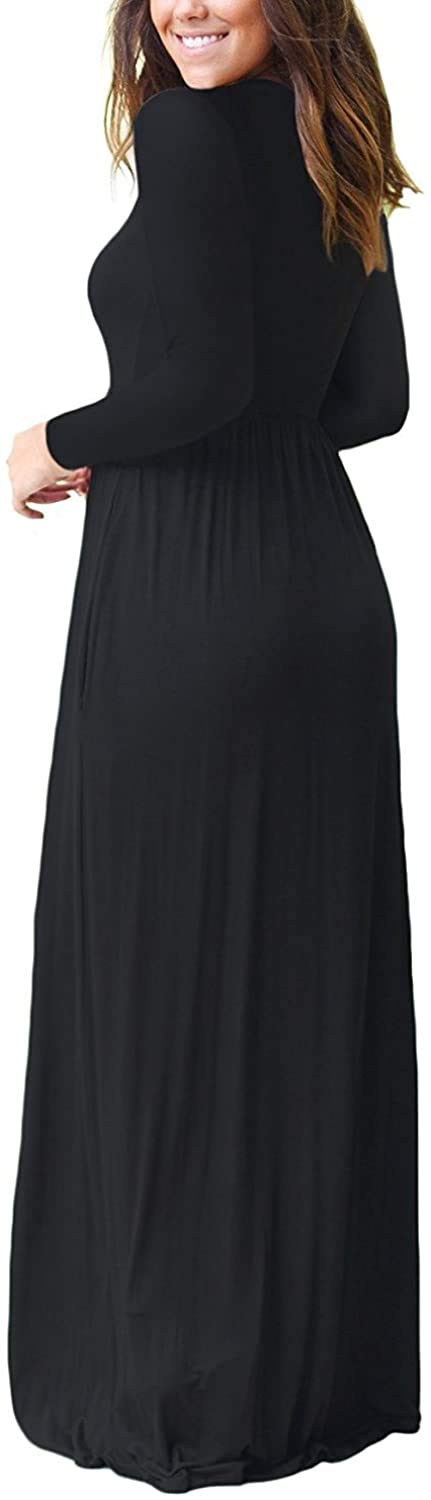 AUSELILY Women's Long Sleeve Dress Loose Plain Long Casual Maxi Dresses with Pockets 2025 New Black L